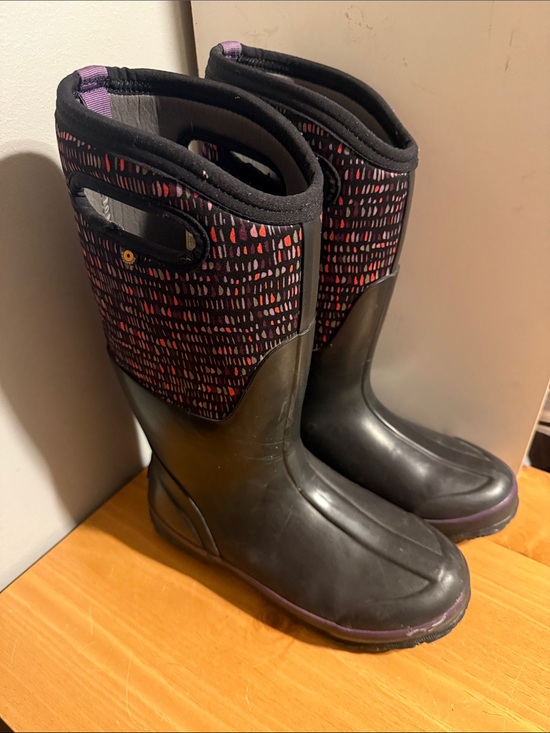Bogs | Shoes | Bogs Black Rain Boots With Purple Accents And Patterned ...